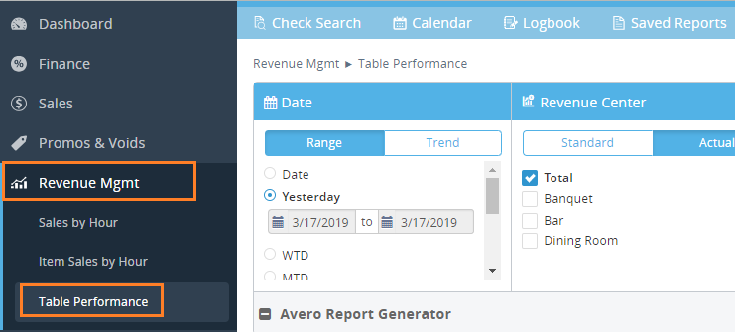 Table Performance Report – Avero Solution Center